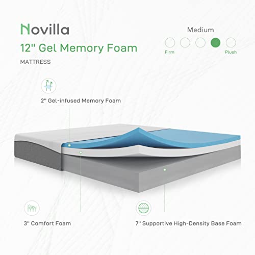 Novilla Queen Size Mattress, 12-Inch Gel Memory Foam Mattress for Cool Sleep, Pressure Relieving, Matrress-in-a-Box, CertiPUR-US Certified, Medium Plush