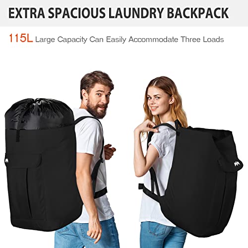 Laundry Bag Backpack Extra Large, Heavy Duty Laundry Bag with Straps and Belt for College Students, Portable Laundry Backpack for Dorm Room, Sturdy Waterproof Laundry Hamper for Travel, Apartment, Laundromat (Black)