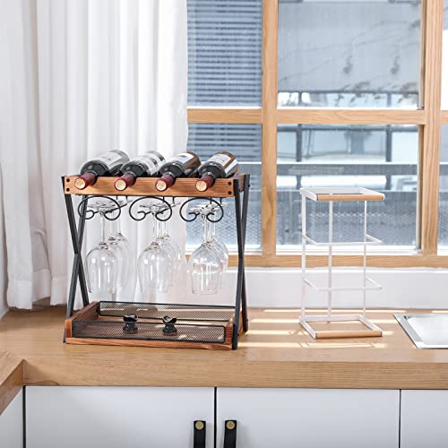 Wine Racks Countertop, Tabletop Wine Rack with Glasses Holder, Wooden Wine Bottle Holder, Freestanding Wine Storage Shelf for Kitchen, Living Room, Wine Cellar, Bar(Hold 4 Bottles and 9 Glasses)