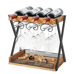 wine racks countertop, tabletop wine rack with glasses holder, wooden wine bottle holder, freestanding wine storage shelf for kitchen, living room, wine cellar, bar(hold 4 bottles and 9 glasses)