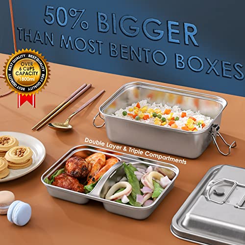 SUBRON Stainless Steel Bento Lunch Box for Adults with Secure Locks, 1800ML 3 Compartments 2 Layer Leak Proof Metal Insulated Lunch Food Containers