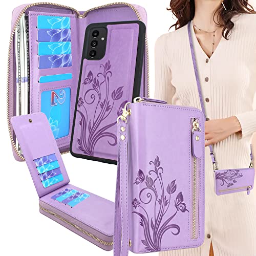 Lacass Compatible with Samsung Galaxy A13 5G /4G LET Crossbody Chain Dual Zipper Detachable Magnetic Leather Wallet Case Cover Wristlets Wrist Strap 13 Card Slots Money Pocket(Floral Purple)