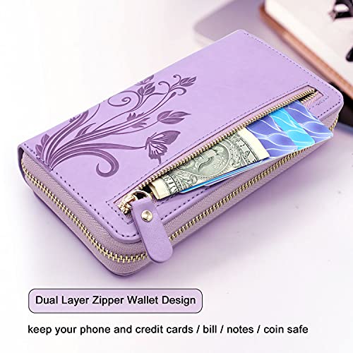 Lacass Compatible with Samsung Galaxy A13 5G /4G LET Crossbody Chain Dual Zipper Detachable Magnetic Leather Wallet Case Cover Wristlets Wrist Strap 13 Card Slots Money Pocket(Floral Purple)