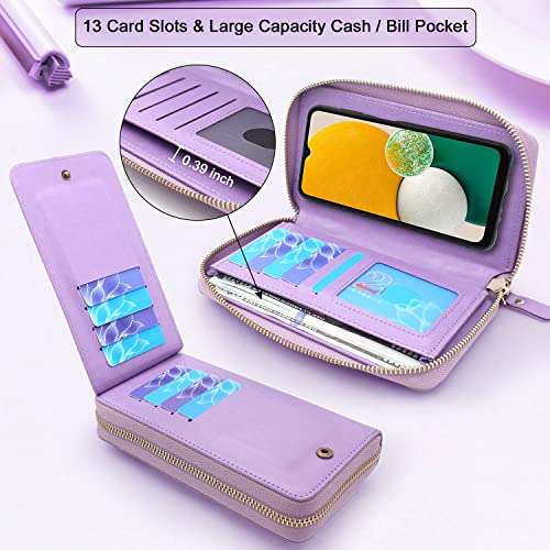 Lacass Compatible with Samsung Galaxy A13 5G /4G LET Crossbody Chain Dual Zipper Detachable Magnetic Leather Wallet Case Cover Wristlets Wrist Strap 13 Card Slots Money Pocket(Floral Purple)