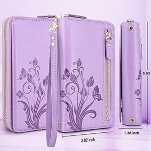 Lacass Compatible with Samsung Galaxy A13 5G /4G LET Crossbody Chain Dual Zipper Detachable Magnetic Leather Wallet Case Cover Wristlets Wrist Strap 13 Card Slots Money Pocket(Floral Purple)