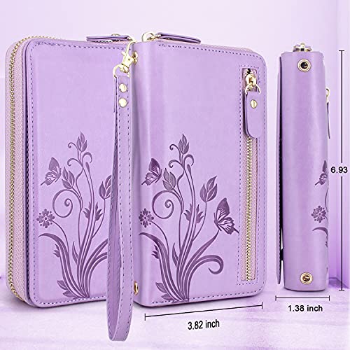 Lacass Compatible with Samsung Galaxy A13 5G /4G LET Crossbody Chain Dual Zipper Detachable Magnetic Leather Wallet Case Cover Wristlets Wrist Strap 13 Card Slots Money Pocket(Floral Purple)