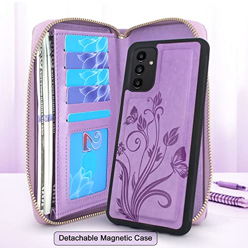 Lacass Compatible with Samsung Galaxy A13 5G /4G LET Crossbody Chain Dual Zipper Detachable Magnetic Leather Wallet Case Cover Wristlets Wrist Strap 13 Card Slots Money Pocket(Floral Purple)