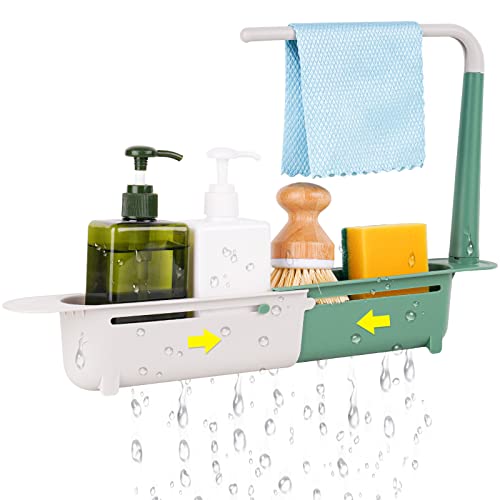 NiHome Multifunctional Telescopic Sink Organizer with Towel Hanger, Drain Basket and Adjustable Length - Ideal for Kitchen, Bathroom and Home Storage (Green/White)