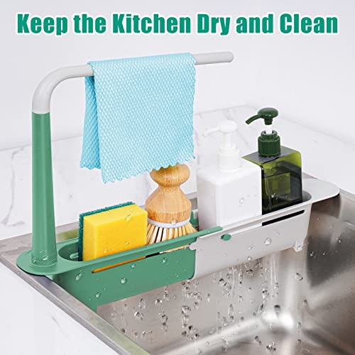 NiHome Multifunctional Telescopic Sink Organizer with Towel Hanger, Drain Basket and Adjustable Length - Ideal for Kitchen, Bathroom and Home Storage (Green/White)