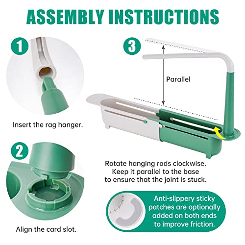 NiHome Multifunctional Telescopic Sink Organizer with Towel Hanger, Drain Basket and Adjustable Length - Ideal for Kitchen, Bathroom and Home Storage (Green/White)