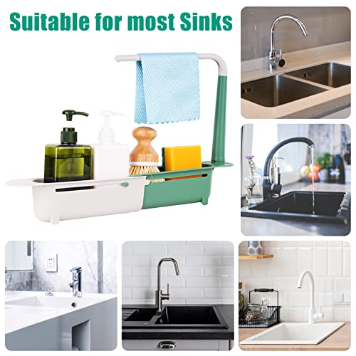 NiHome Multifunctional Telescopic Sink Organizer with Towel Hanger, Drain Basket and Adjustable Length - Ideal for Kitchen, Bathroom and Home Storage (Green/White)