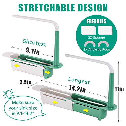 NiHome Multifunctional Telescopic Sink Organizer with Towel Hanger, Drain Basket and Adjustable Length - Ideal for Kitchen, Bathroom and Home Storage (Green/White)