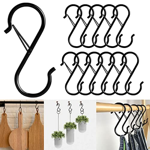 Seamaka 8pcs 3.5 inch Black S Hooks,Heavy Duty S Shaped Hooks for Hanging Rust-Proof S Hooks with Safety Buckle Design for Hanging Plants Coffee Cups Pots and Pans Clothes Bags in Kitchen Bathroom