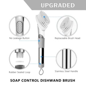 SetSail Dish Brush with Soap Dispenser, Kitchen Dish Brush with Stainless Steel Handle Dish Scrub Brush for Pot Pan Sink Cleaning Dish Soap Control Washing Brush Scrubber, Grey