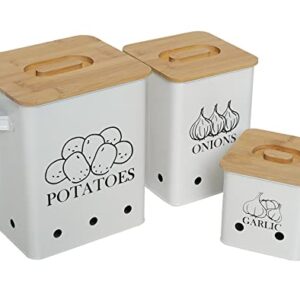 Gdfjiy Kitchen Canisters Set, Storage Bin for Potato Onion & Garlic, 3 Pack Set Countertop Pots Containers with Wooden Lid - Potato Storage, Garlic Bin, Onion Keeper Tin with Aerating Holes-White