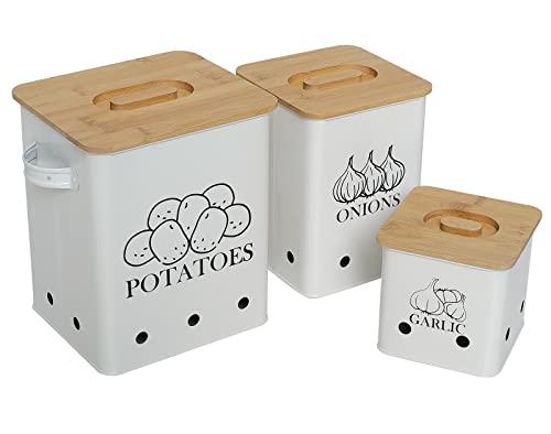 Gdfjiy Kitchen Canisters Set, Storage Bin for Potato Onion & Garlic, 3 Pack Set Countertop Pots Containers with Wooden Lid - Potato Storage, Garlic Bin, Onion Keeper Tin with Aerating Holes-White