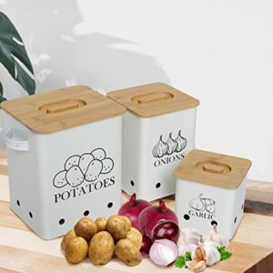 Gdfjiy Kitchen Canisters Set, Storage Bin for Potato Onion & Garlic, 3 Pack Set Countertop Pots Containers with Wooden Lid - Potato Storage, Garlic Bin, Onion Keeper Tin with Aerating Holes-White