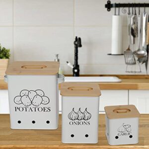 Gdfjiy Kitchen Canisters Set, Storage Bin for Potato Onion & Garlic, 3 Pack Set Countertop Pots Containers with Wooden Lid - Potato Storage, Garlic Bin, Onion Keeper Tin with Aerating Holes-White