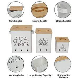 Gdfjiy Kitchen Canisters Set, Storage Bin for Potato Onion & Garlic, 3 Pack Set Countertop Pots Containers with Wooden Lid - Potato Storage, Garlic Bin, Onion Keeper Tin with Aerating Holes-White