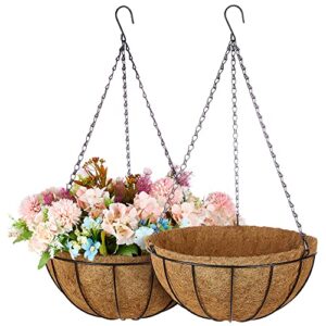 zeedix 2packs 14in metal hanging planter basket with coconut coir liner- coconut coir liner with black chain for porch pots hanger, indoor outdoor plant flower pot, garden decorations