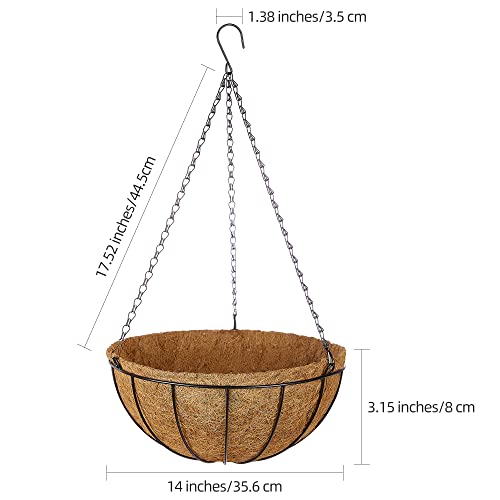 ZeeDix 2Packs 14in Metal Hanging Planter Basket with Coconut Coir Liner- Coconut Coir Liner with Black Chain for Porch Pots Hanger, Indoor Outdoor Plant Flower Pot, Garden Decorations