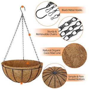 ZeeDix 2Packs 14in Metal Hanging Planter Basket with Coconut Coir Liner- Coconut Coir Liner with Black Chain for Porch Pots Hanger, Indoor Outdoor Plant Flower Pot, Garden Decorations