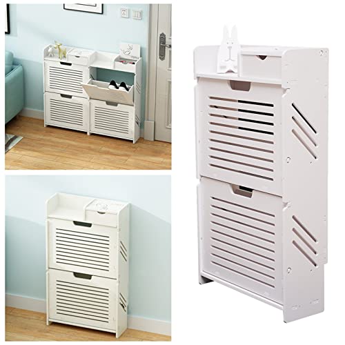 Shoe Cabinet 2Tier Shoe Storage Cabinet Tipping Bucket Design Narrow Shoe Cabinet 4 Pairs Shoes Capactiy Floor Shoes Cabinet with Doors White Shoe Rack Storage Organizer