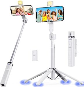 ambertronix 40” selfie stick tripod quadrapod, onboard light, wireless bluetooth remote, extendable, stainless steel, 3 light modes, 9 brightness levels, compatible with all iphone & android devices