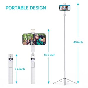 Ambertronix 40” Selfie Stick Tripod Quadrapod, Onboard Light, Wireless Bluetooth Remote, Extendable, Stainless Steel, 3 Light Modes, 9 Brightness Levels, Compatible with All iPhone & Android Devices