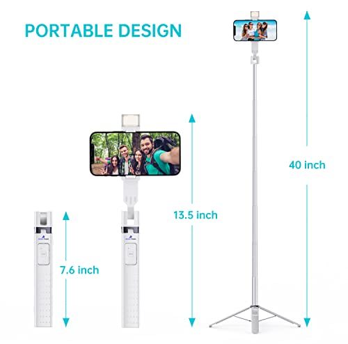 Ambertronix 40” Selfie Stick Tripod Quadrapod, Onboard Light, Wireless Bluetooth Remote, Extendable, Stainless Steel, 3 Light Modes, 9 Brightness Levels, Compatible with All iPhone & Android Devices