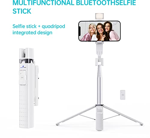 Ambertronix 40” Selfie Stick Tripod Quadrapod, Onboard Light, Wireless Bluetooth Remote, Extendable, Stainless Steel, 3 Light Modes, 9 Brightness Levels, Compatible with All iPhone & Android Devices