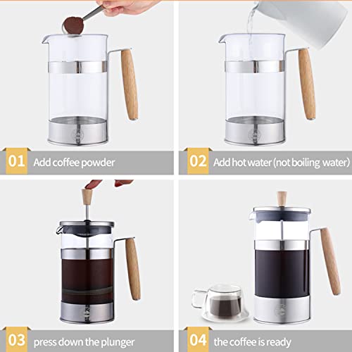 French Press Coffee Maker 27oz Stainless Steel Coffee Press High Level Filter Borosilicate Glass Heat Resistant Insulated Pot with Wooden Handle. Brew Coffee and Tea BPA Free