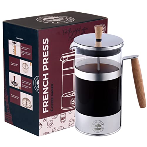 French Press Coffee Maker 27oz Stainless Steel Coffee Press High Level Filter Borosilicate Glass Heat Resistant Insulated Pot with Wooden Handle. Brew Coffee and Tea BPA Free