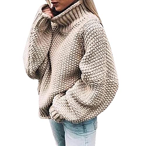 cooki Sweaters for Women, Womens Long Sleeve Turtleneck Oversized Solid Knitted Sweaters Pullover Outerwear Sweatshirt Tops Beige