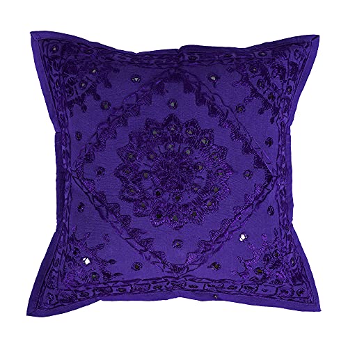 Mirror Embroidered Decorative Sofa Throw Pillow Cushion Cover Boho Bohemia (Purple, 18x18 Inches)