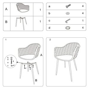 CangLong Modern Metal Legs Easily Assemble Mid Century Molded Plastic Shell Arm Hollow Out Chair for Living, Bedroom, Kitchen, Dining, Waiting Room, Set of 2,Grey