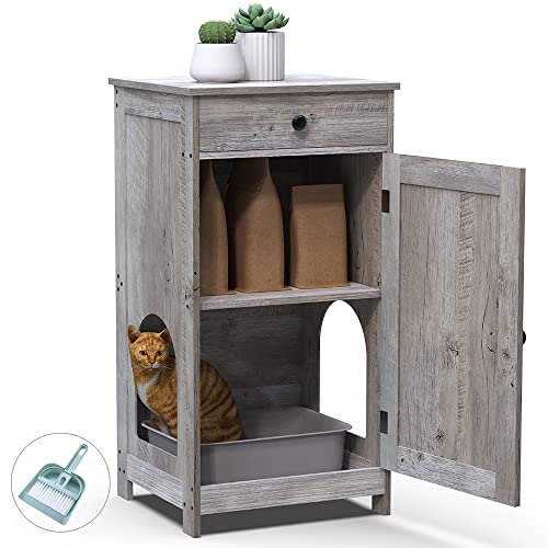 GiftGo Contemporary Home Hidden Cat Litter Box Enclosure Wooden Cabinet Furniture Cat Washroom Nightstand Storage Drawer, Inner Shelf, Arched Doorways (Greige)