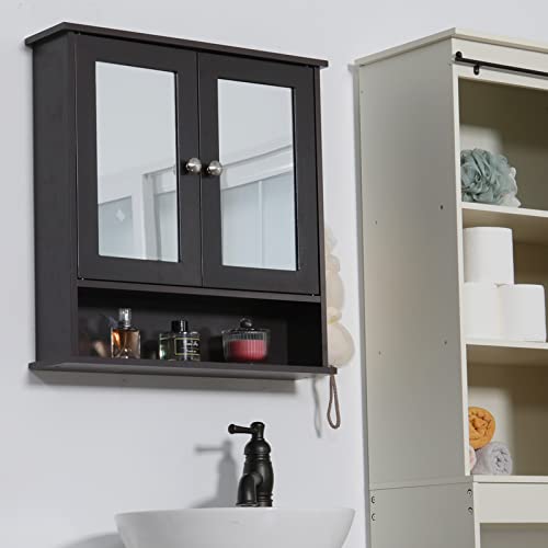 Sophia & William Mirrored Medicine Cabinet, Bathroom Wall Mounted Storage Cabinet with Double Mirror Doors and Adjustable Shelf, Coffee