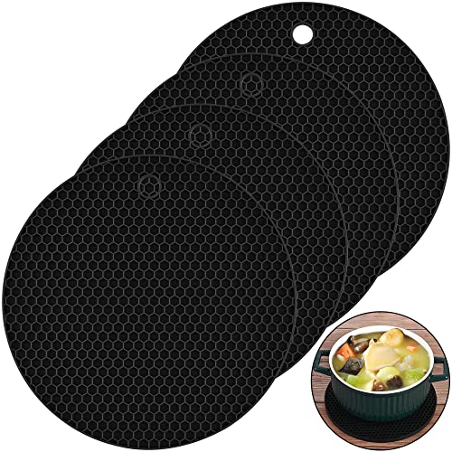 Zoyizi Silicone Trivets for Hot Dishes, Pots&Pans, Hot Pads for Kitchen, Silicone Trivet mat for Table Tops, Silicone Pot Holder for Countertops, Heat Resistant Mat, Round Silicone Mats Set 4 Black