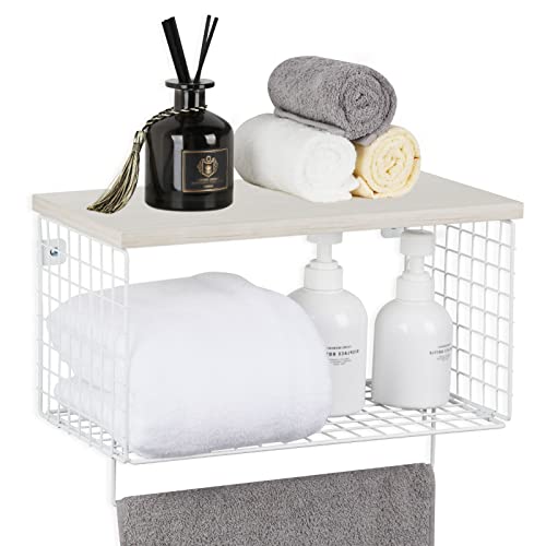 Bathroom Towel Shelf for Wall Bathroom Shelf with Towel Bar 2 Tier Wood Floating Shelves with Towel Rack and 6 Hooks, White