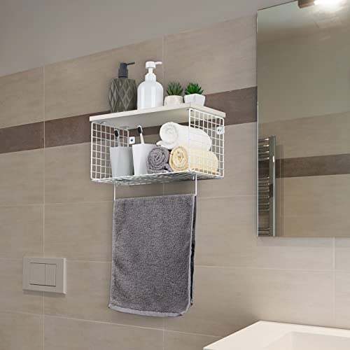 Bathroom Towel Shelf for Wall Bathroom Shelf with Towel Bar 2 Tier Wood Floating Shelves with Towel Rack and 6 Hooks, White