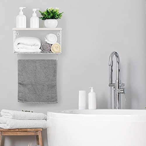 Bathroom Towel Shelf for Wall Bathroom Shelf with Towel Bar 2 Tier Wood Floating Shelves with Towel Rack and 6 Hooks, White