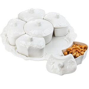 lyellfe divided serving dishes, plastic snack appetizer tray with lid, 13 inch dry fruit veggie bowls with 6 compartments, white relish tray for candy, chips and dip, veggie