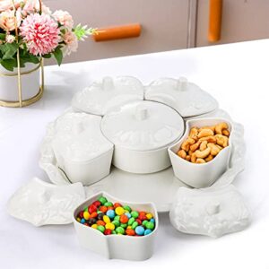 Lyellfe Divided Serving Dishes, Plastic Snack Appetizer Tray with Lid, 13 Inch Dry Fruit Veggie Bowls with 6 Compartments, White Relish Tray for Candy, Chips and Dip, Veggie