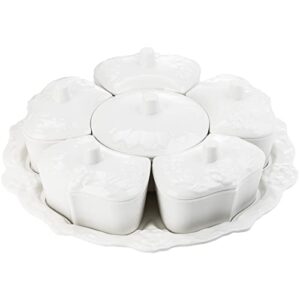 Lyellfe Divided Serving Dishes, Plastic Snack Appetizer Tray with Lid, 13 Inch Dry Fruit Veggie Bowls with 6 Compartments, White Relish Tray for Candy, Chips and Dip, Veggie