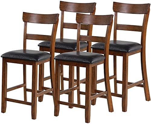 NAFORT Counter Height Bar Stools Set of 4, Farmhouse 25.5” Solid Wood High Dining Chairs with Cushion, Counter Stools with Back for Kitchen Restaurant Bar, Rubberwood Legs & Black PU Leather Cushion