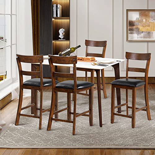 NAFORT Counter Height Bar Stools Set of 4, Farmhouse 25.5” Solid Wood High Dining Chairs with Cushion, Counter Stools with Back for Kitchen Restaurant Bar, Rubberwood Legs & Black PU Leather Cushion