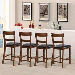 NAFORT Counter Height Bar Stools Set of 4, Farmhouse 25.5” Solid Wood High Dining Chairs with Cushion, Counter Stools with Back for Kitchen Restaurant Bar, Rubberwood Legs & Black PU Leather Cushion