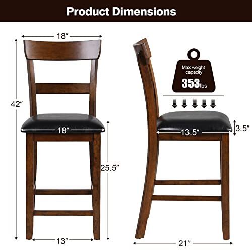 NAFORT Counter Height Bar Stools Set of 4, Farmhouse 25.5” Solid Wood High Dining Chairs with Cushion, Counter Stools with Back for Kitchen Restaurant Bar, Rubberwood Legs & Black PU Leather Cushion