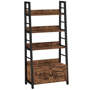 ironck bookshelf with louvered doors, 3-tier ladder shelf with cabinet industrial accent furniture for bedroom living room home office, rustic brown